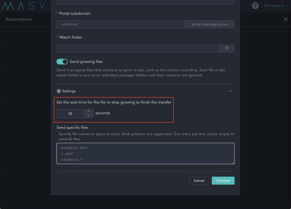 How to send growing files with MASV
