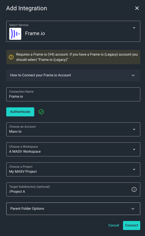 How to connect MASV with Frame.io (V4)