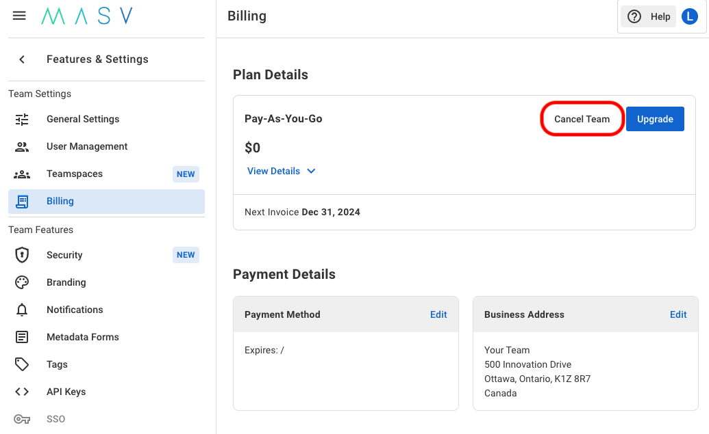 How to cancel a MASV Team or account