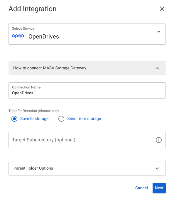 How to connect MASV with OpenDrives