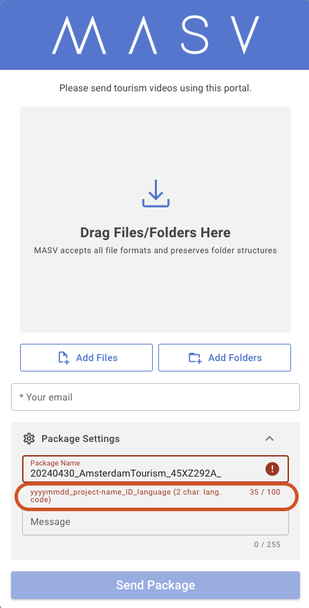 How to set a package name format in MASV