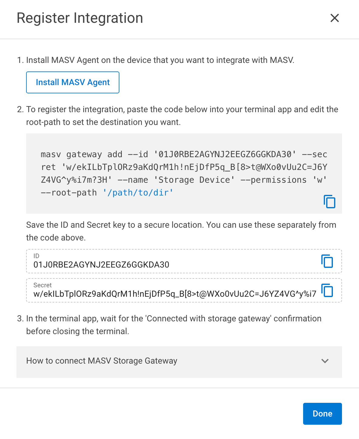 How to connect, edit, and remove a storage device integration in MASV