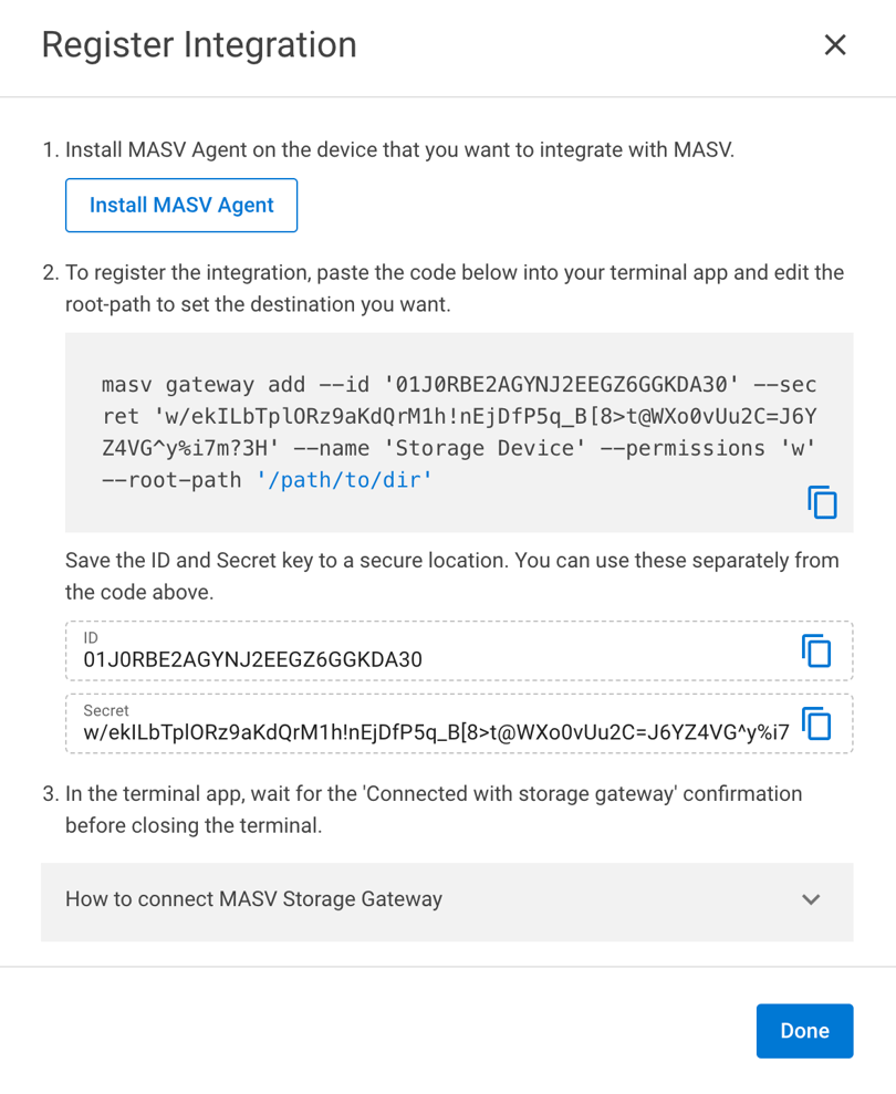 How to connect, edit, and remove a storage device integration in MASV