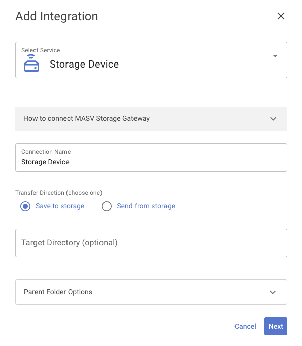 How to connect, edit, and remove a storage device integration in MASV