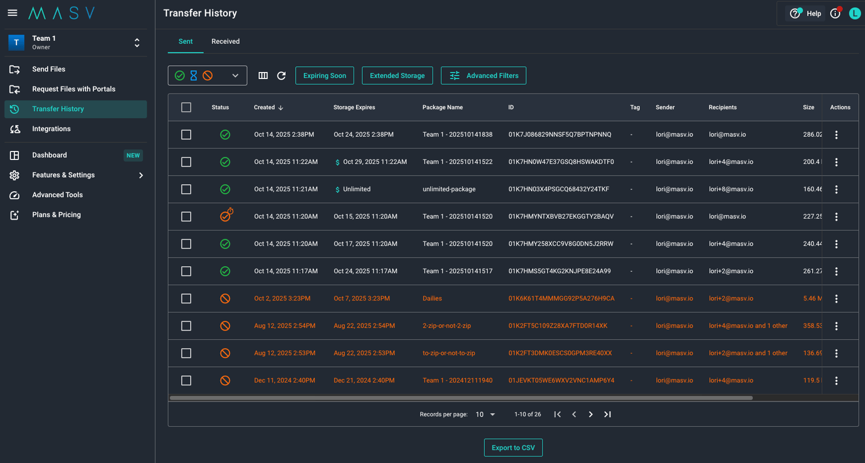 How to view and manage packages in the MASV Transfer History