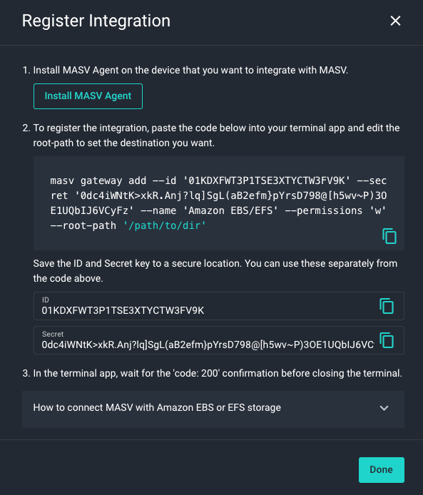 How to connect MASV with Amazon EBS or EFS storage